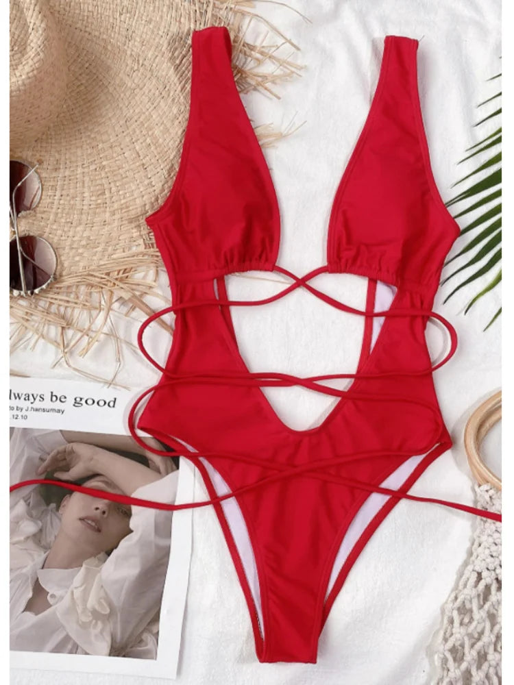 Womens Red One-piece Strappy Cutout Monokini Swimwear on Luulla