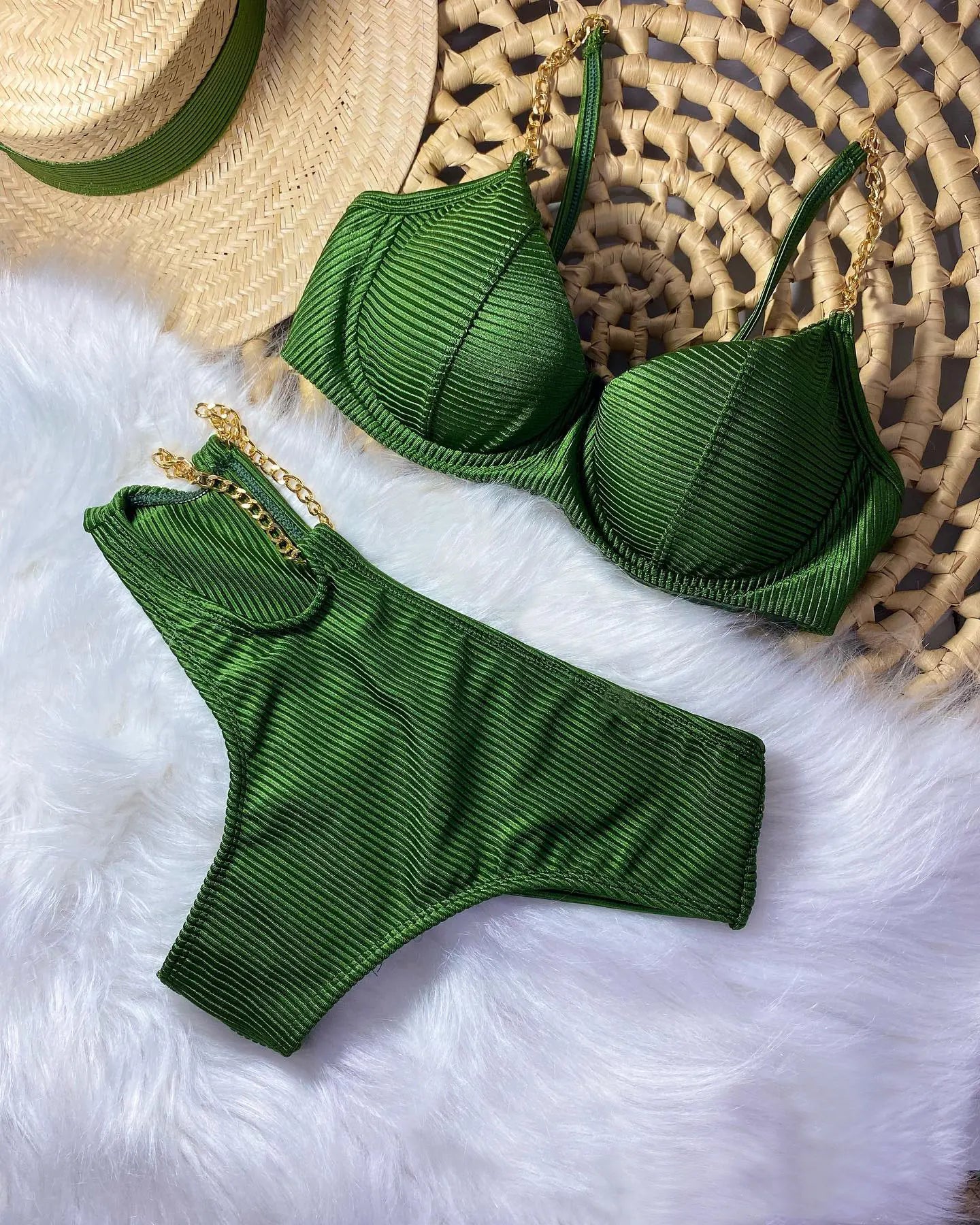 Elegant Green Ribbed One Piece Swimsuit With Gold Accents On Luulla