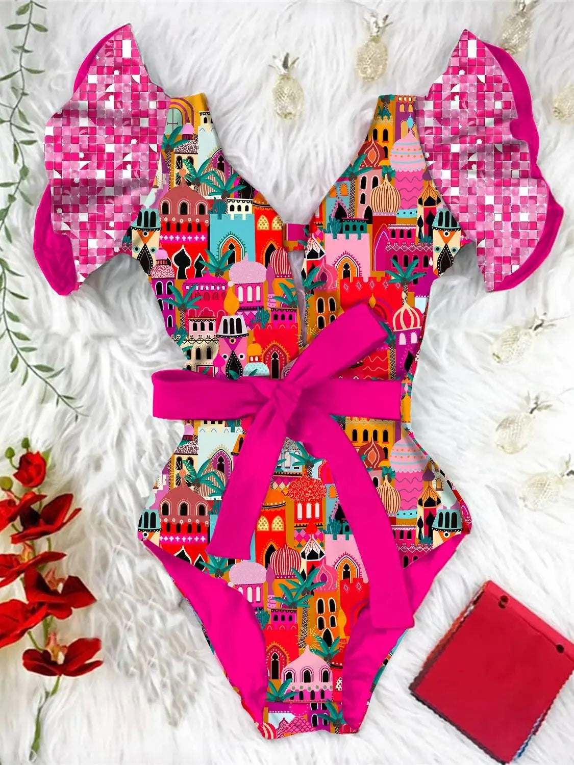 Womens Colorful Ruffle Sleeve One-piece Swimsuit Belted on Luulla