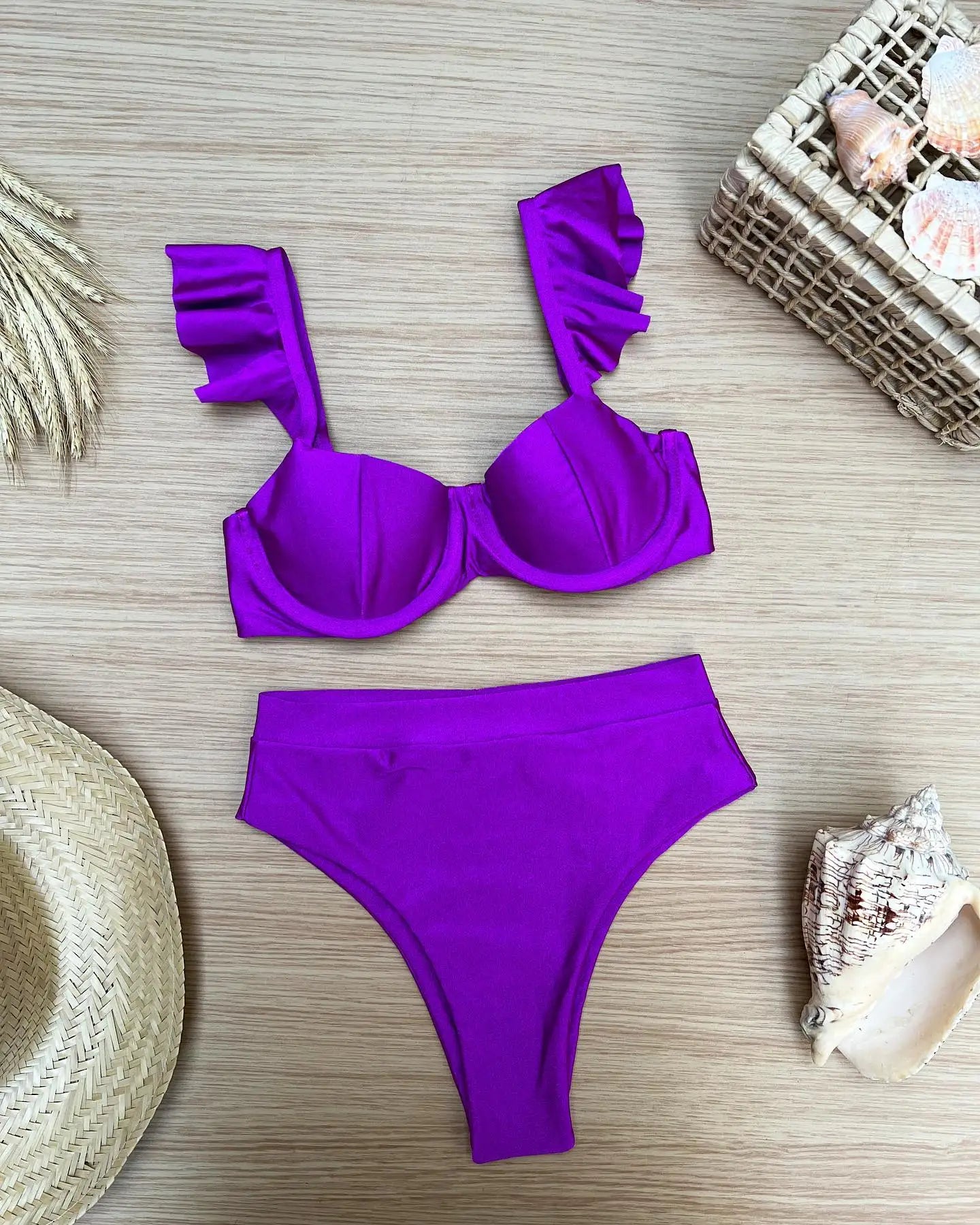 Womens Ruffled Purple Two-piece Swimsuit Bikini Set on Luulla