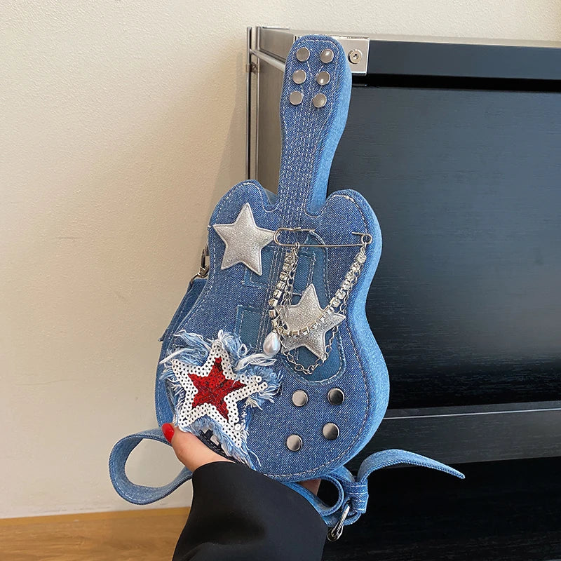 Denim Guitar-shaped Handbag With Star Accents And Charms on Luulla