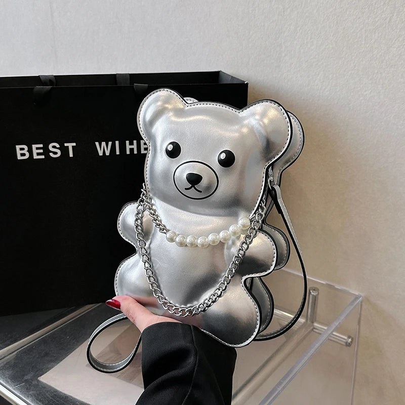 Cute Metallic Bear-shaped Crossbody Bag With Pearl Strap on Luulla