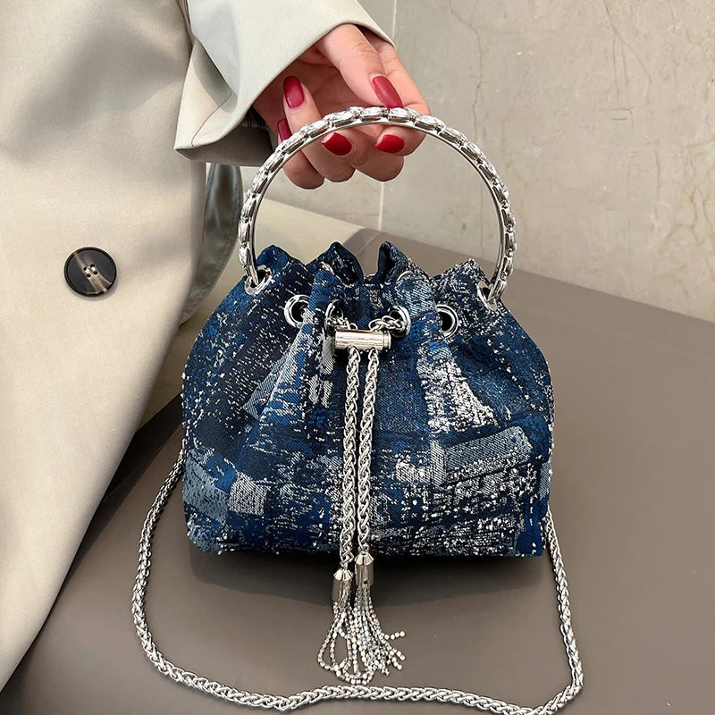 Chic Denim Drawstring Bucket Bag With Chain Handle on Luulla