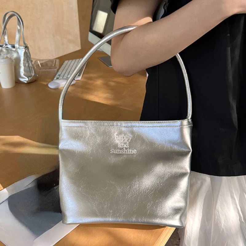 Metallic Silver Tote Bag With Happy And Sunshine Print on Luulla
