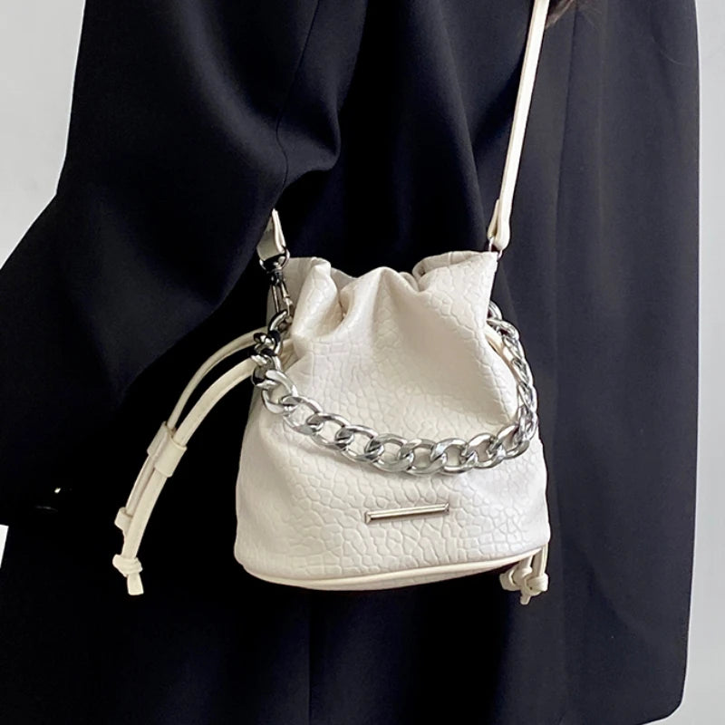 Chic White Leather Bucket Bag With Silver Chain Strap on Luulla