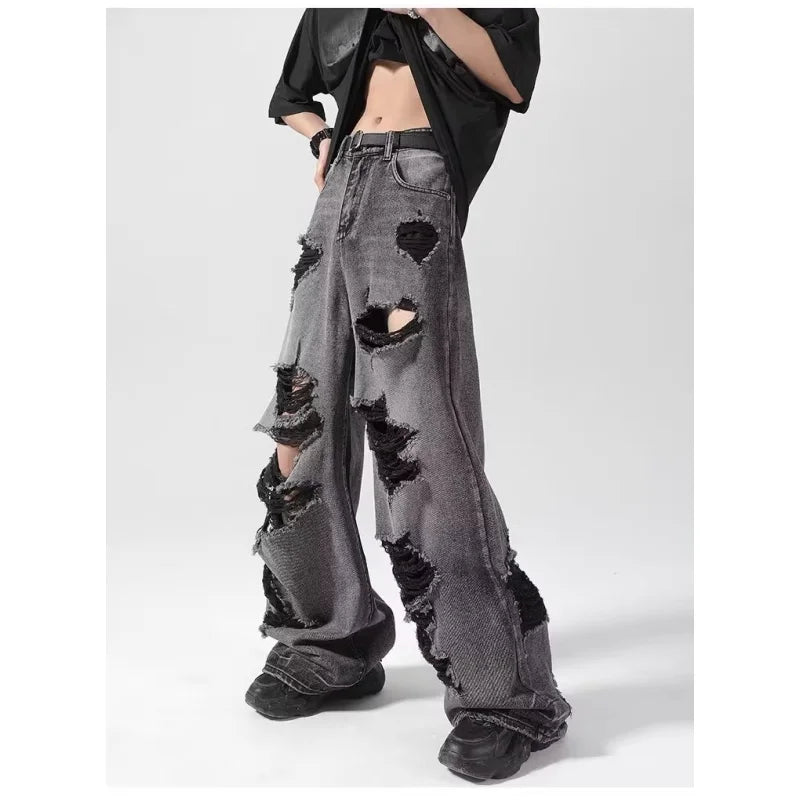 Distressed Grey Wide-legged Ripped Jeans Pants on Luulla