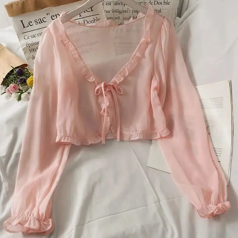 Sheer Pink Ruffle Long Sleeve Crop Top on Luulla