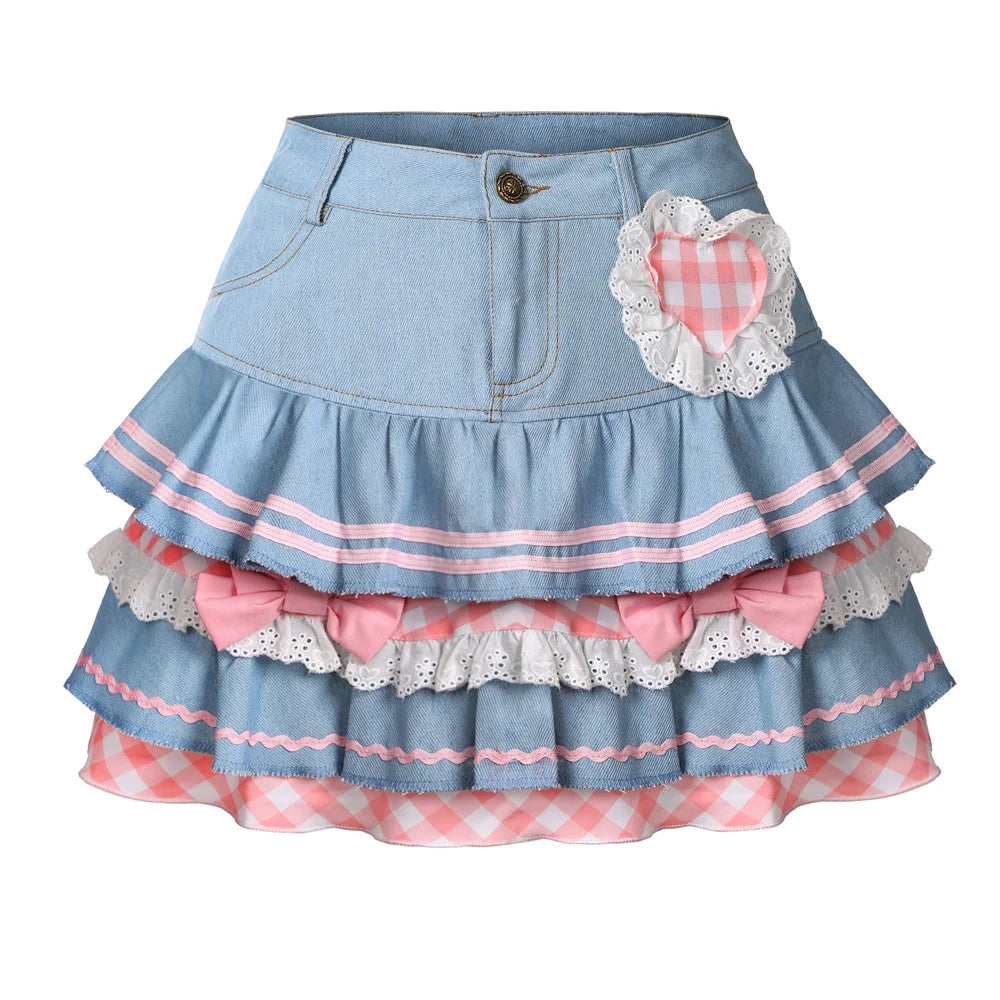 Girls Denim Ruffled Skirt With Heart Patch on Luulla