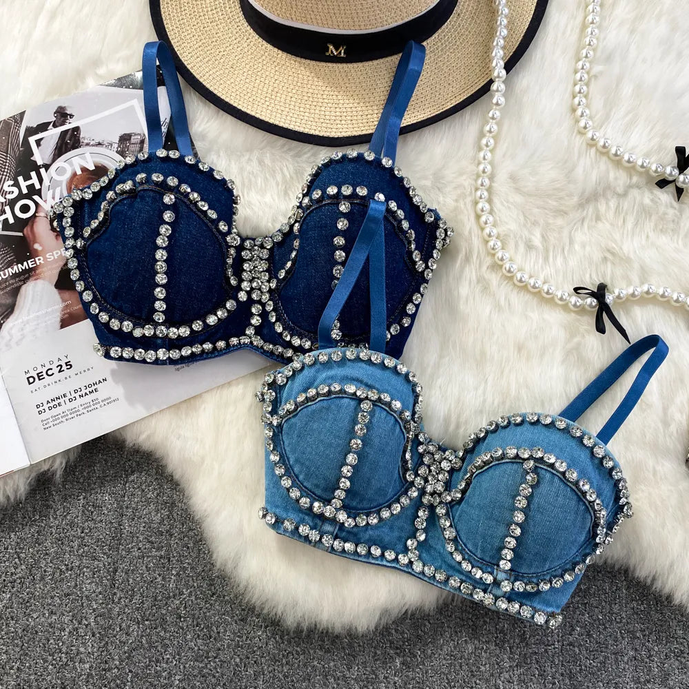 Rhinestone Studded Denim Bustier Bra Tops on Luulla