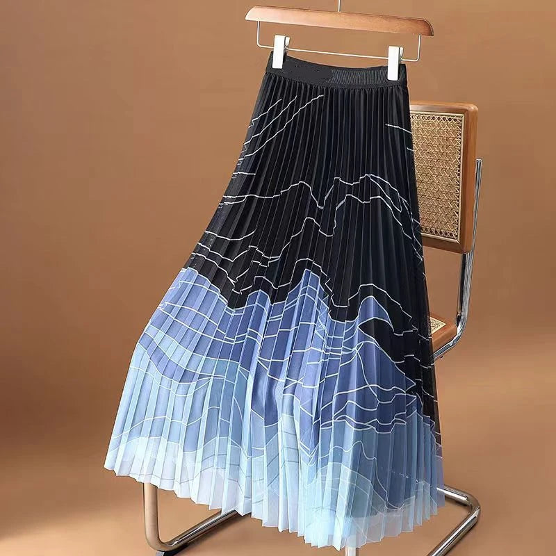 Elegant High-waisted Pleated Gradient Midi Skirt on Luulla