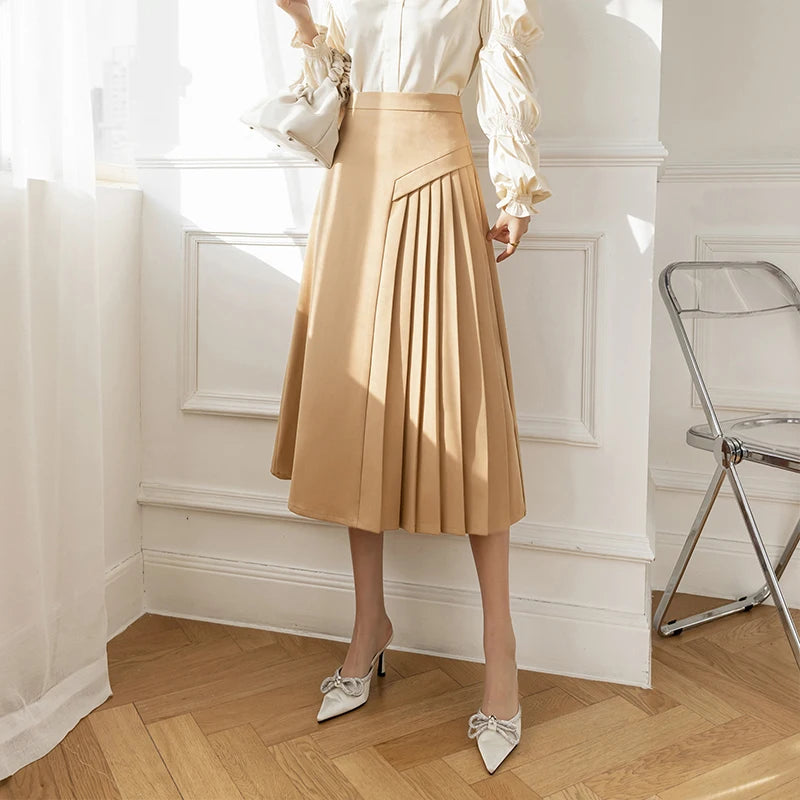 Elegant Beige High-waist Pleated Midi Skirt on Luulla