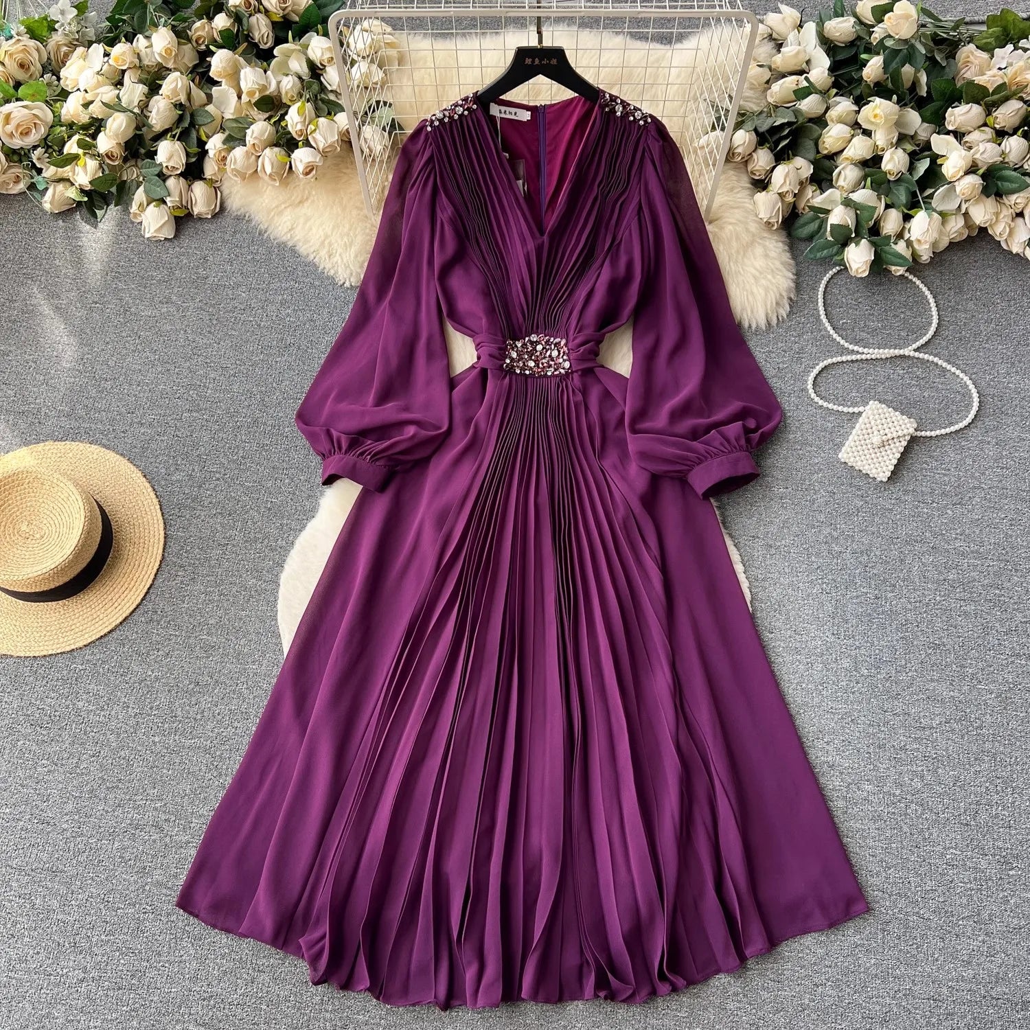 Elegant Purple Pleated Long Sleeve Evening Dress on Luulla