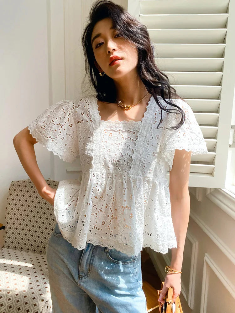 Elegant White Lace Floral Blouse For Women on Luulla