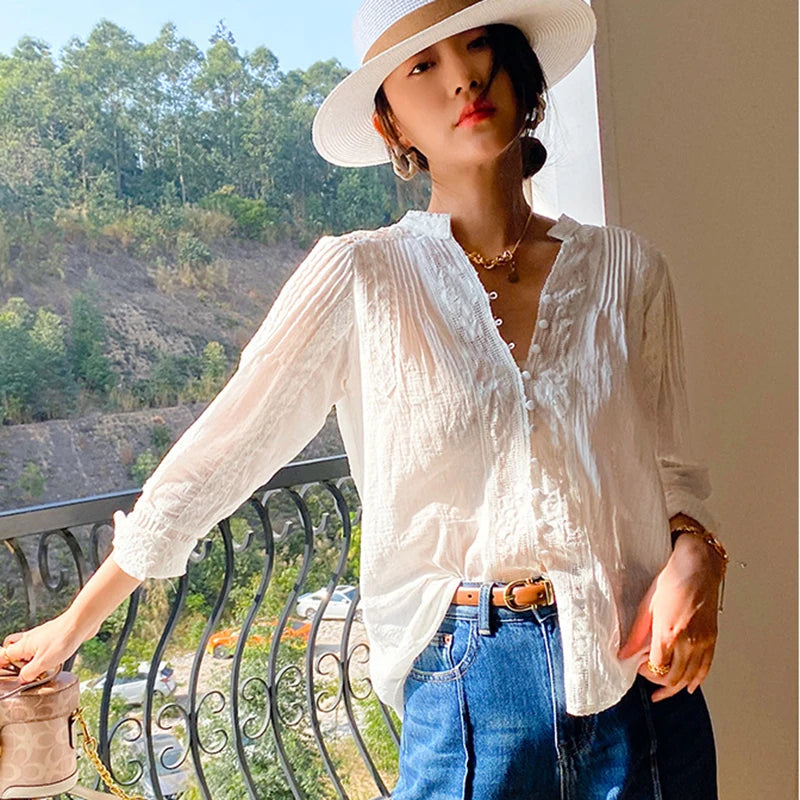 White Boho-chic Blouse With Button Detailing on Luulla