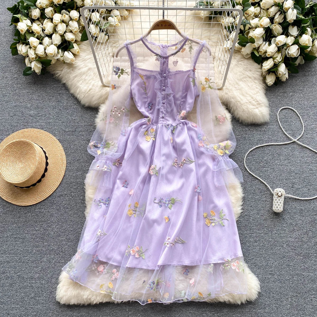 Floral Embroidered Lavender Sheer Mesh Midi Dress on Luulla