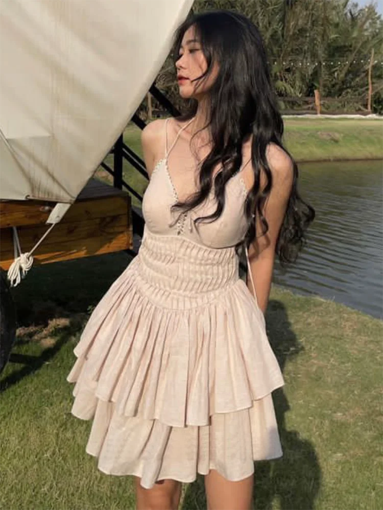 Flirty Layered Beige Sundress With Spaghetti Straps on Luulla