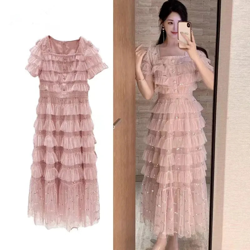 Elegant Pink Ruffle Tulle Maxi Dress For Women on Luulla