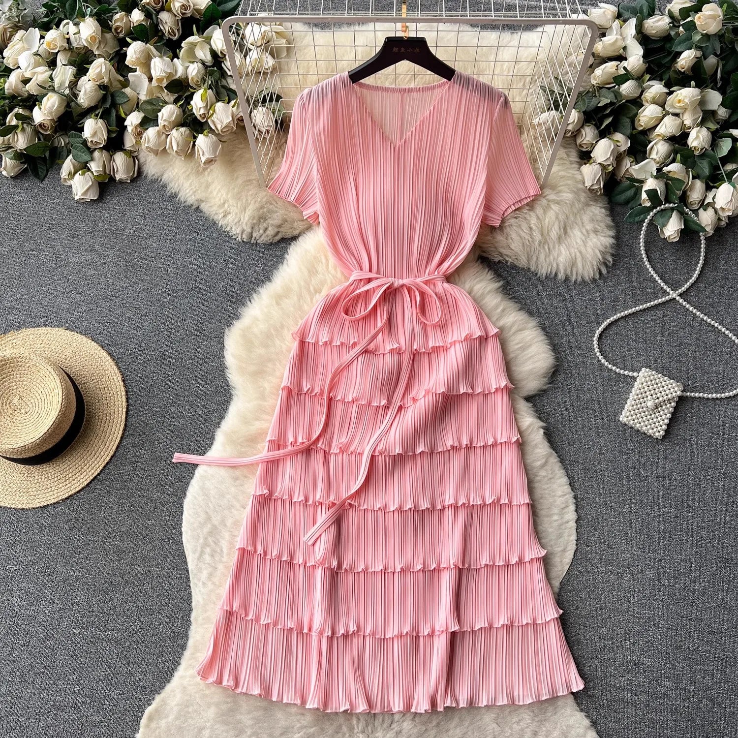 Elegant Pink Tiered Ruffle Midi Dress on Luulla