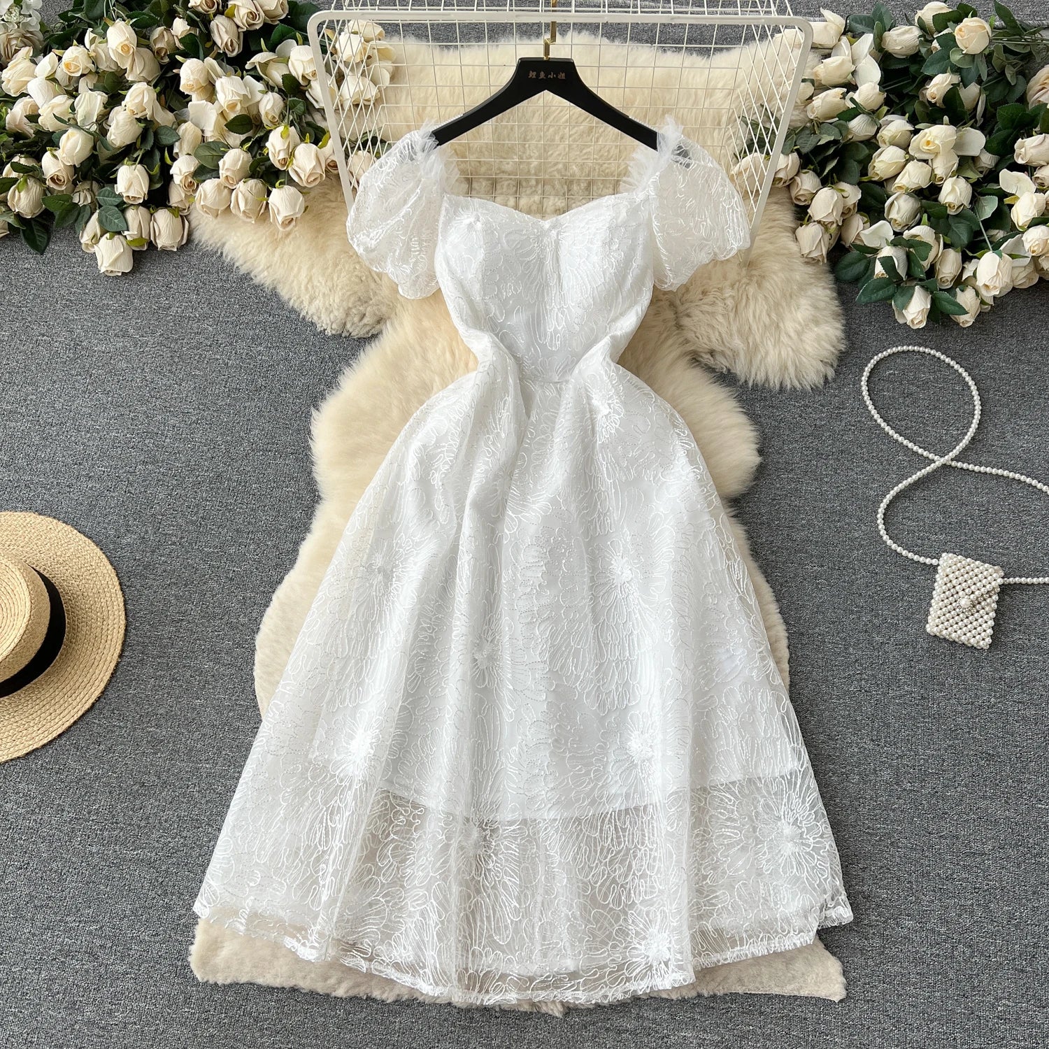 Elegant White Lace Dress With Puff Sleeves on Luulla