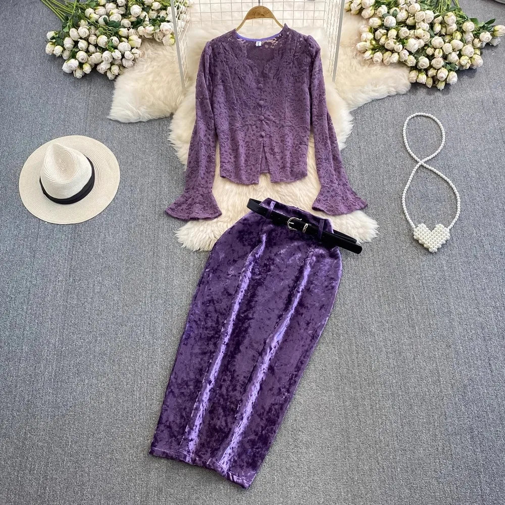 Elegant Velvet Two-piece Skirt Set Outfit on Luulla
