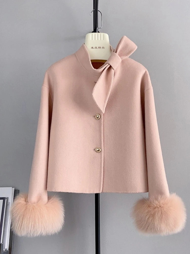 Elegant Wool Blend Coat With Fur Cuffs on Luulla