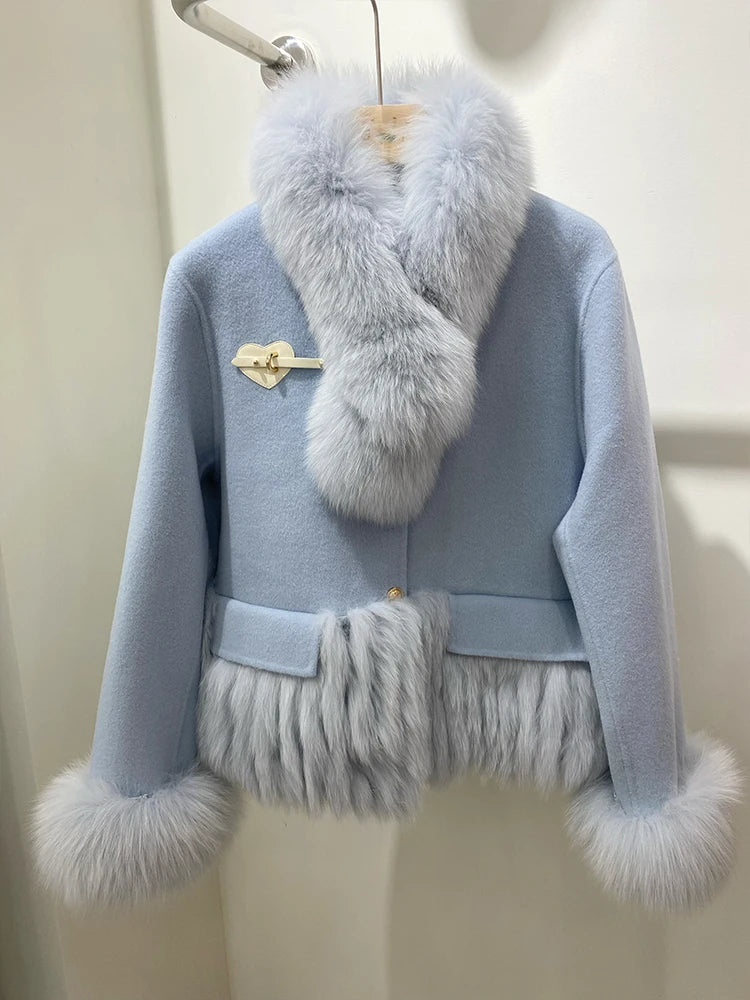 Luxurious Light Blue Faux Fur Trimmed Coat on Luulla