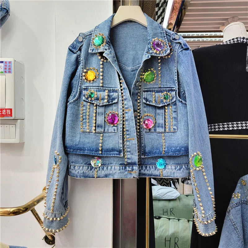 Rhinestone Embellished Studded Denim Jacket For Women on Luulla