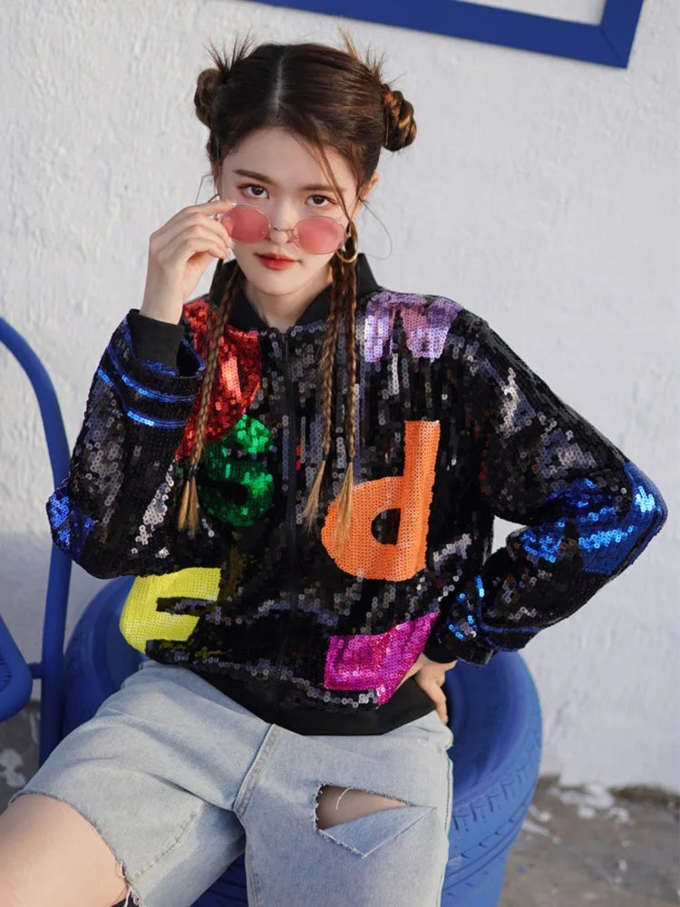 Womens Colorful Sequin Alphabet Bomber Jacket on Luulla