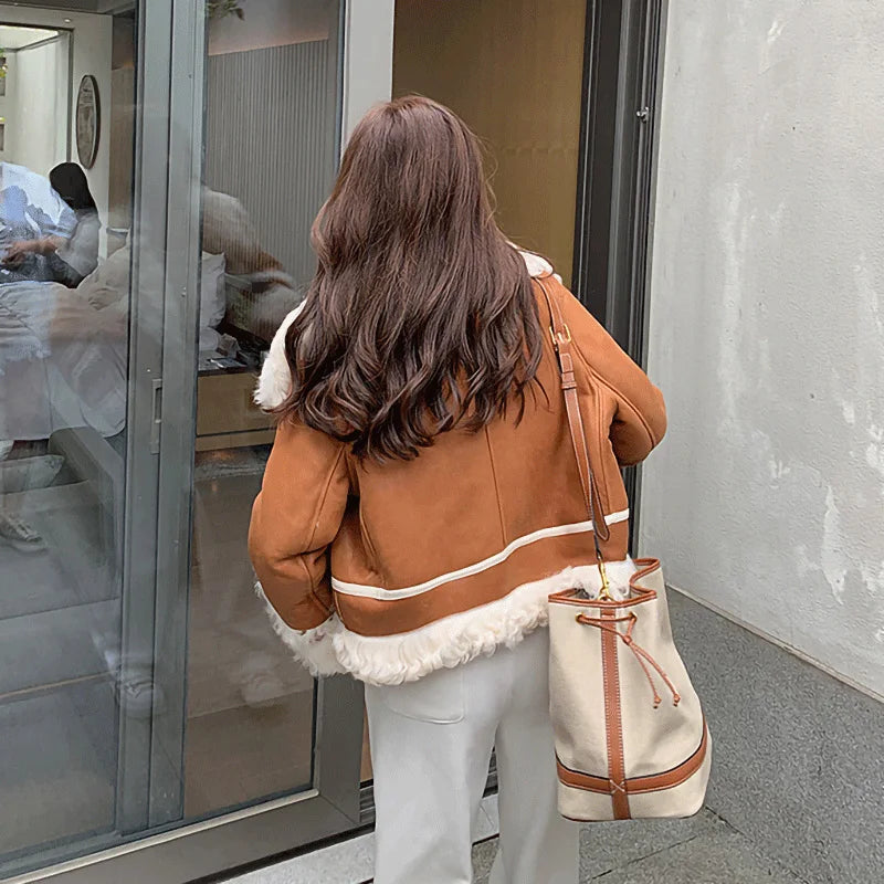 Womens Faux Leather Shearling Jacket With Pockets on Luulla