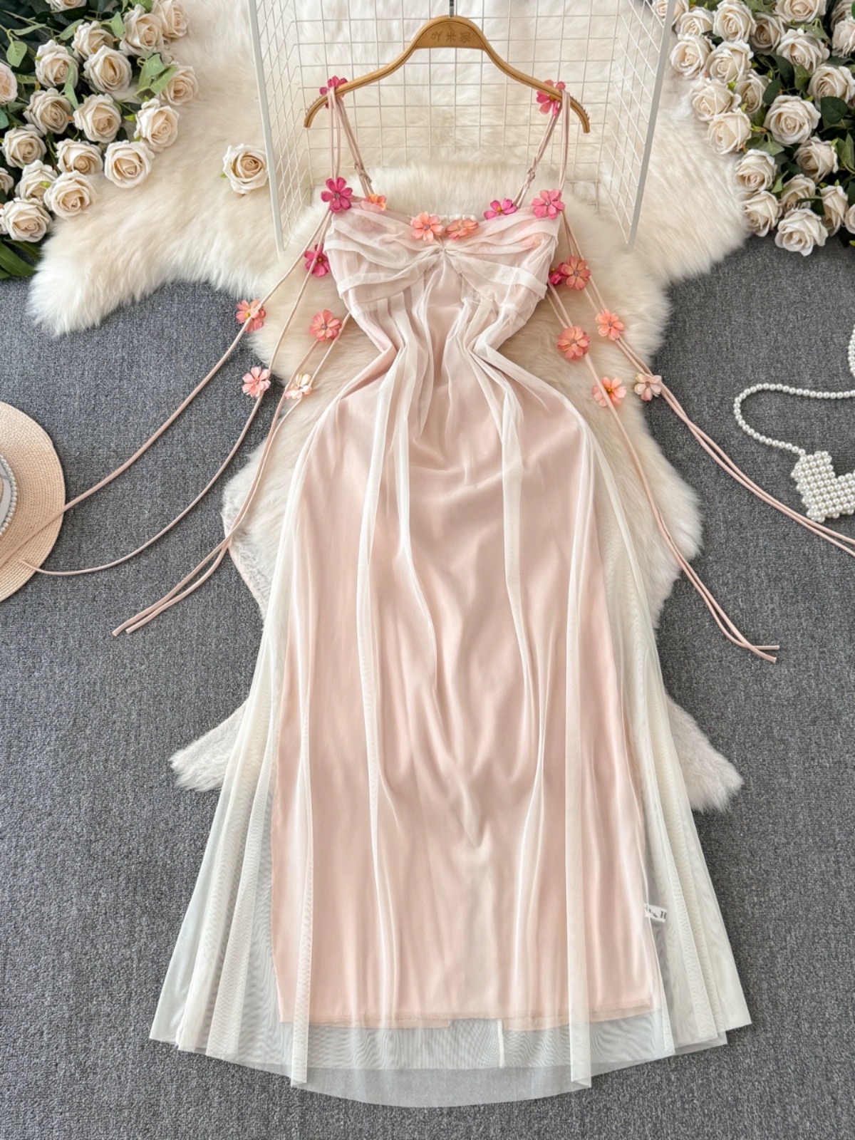 High-grade Mesh Splicing Suspender Dress, Elegant Waist-slimming A-line ...