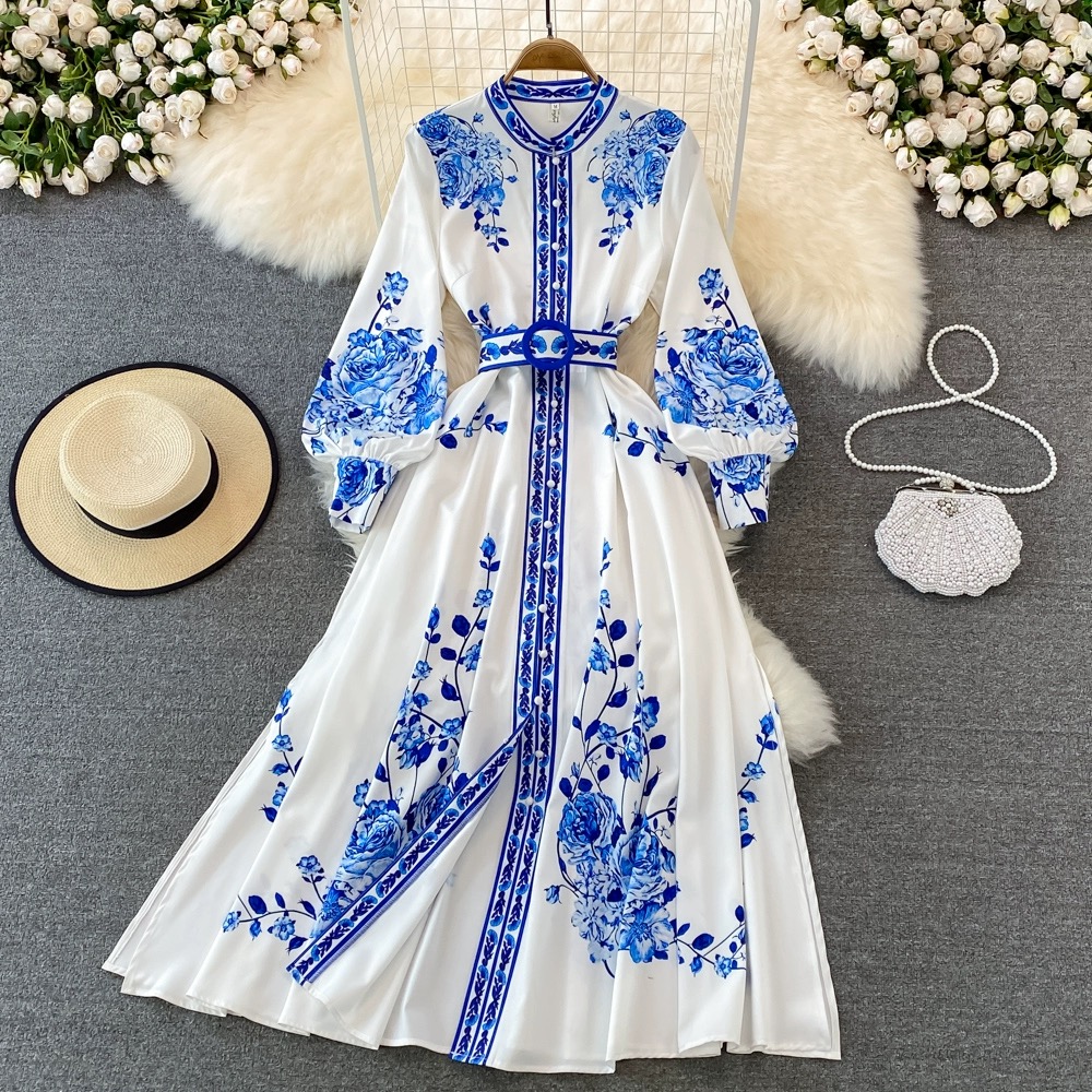 Palace Blue And White Porcelain Print Dress, Stand-up Collar Single ...