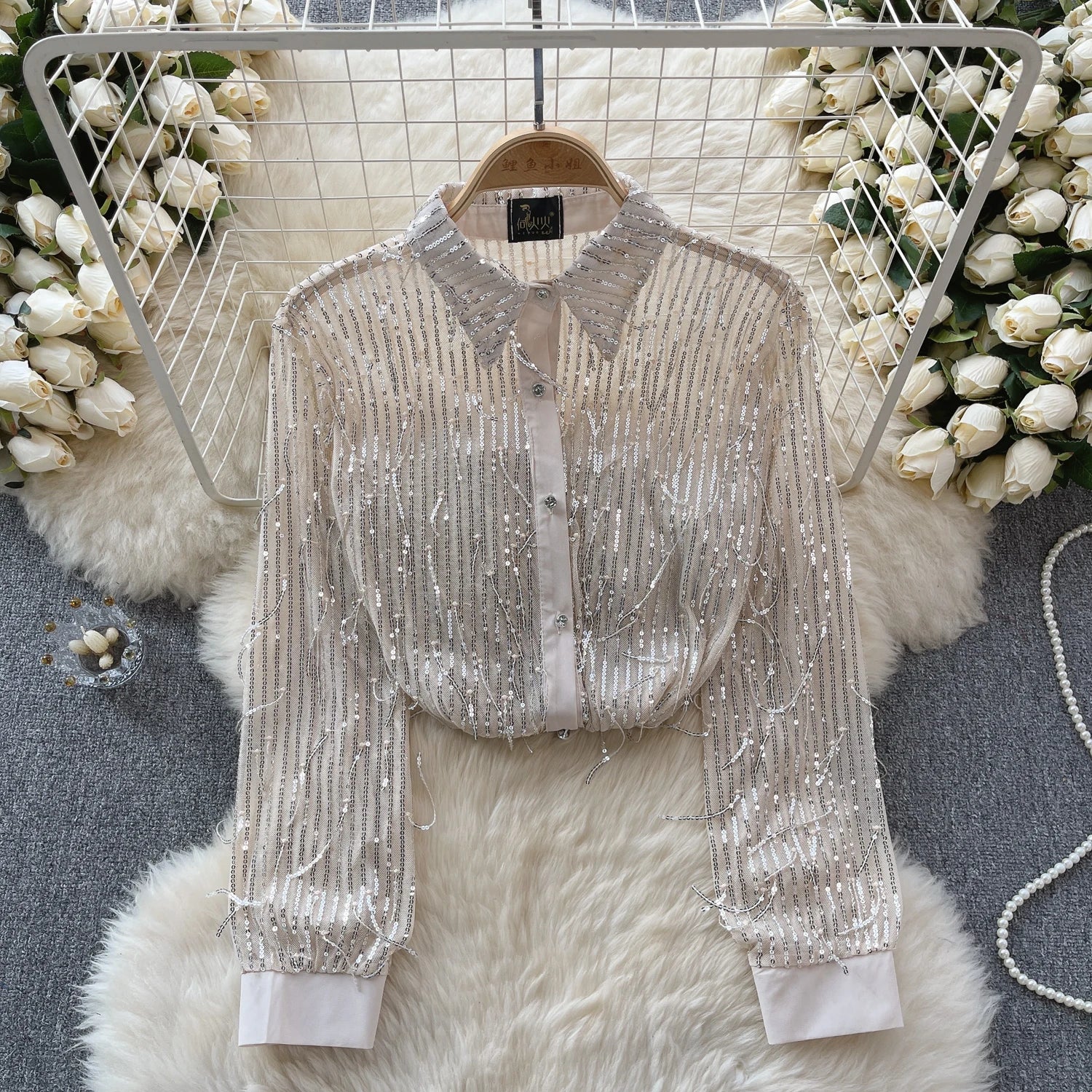 Sequined Sheer Blouse With Long Sleeves on Luulla