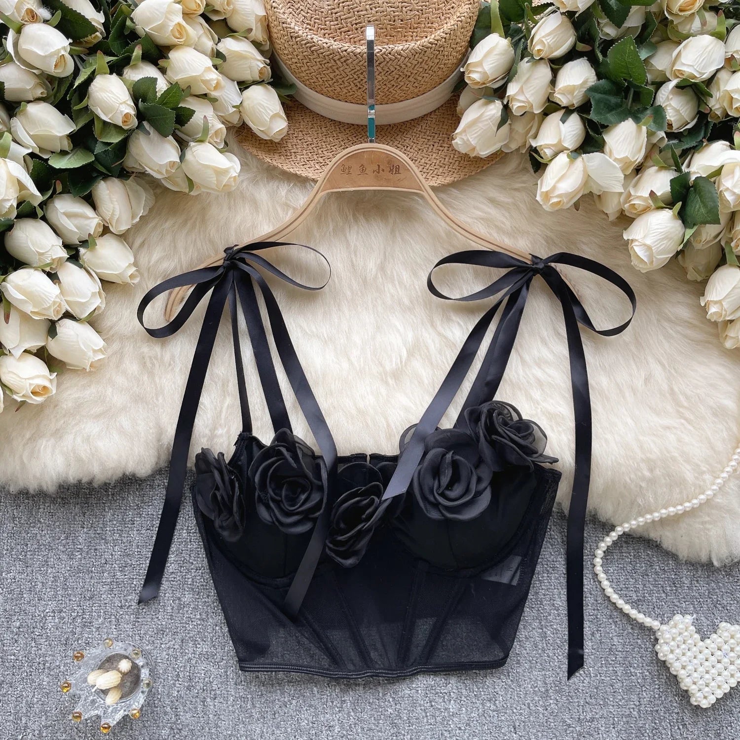 Elegant Black Floral Mesh Bustier Crop Top on Luulla