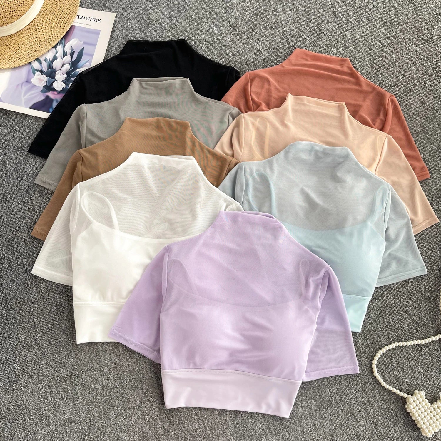 Sheer Mesh Mock Neck Crop Tops Collection on Luulla