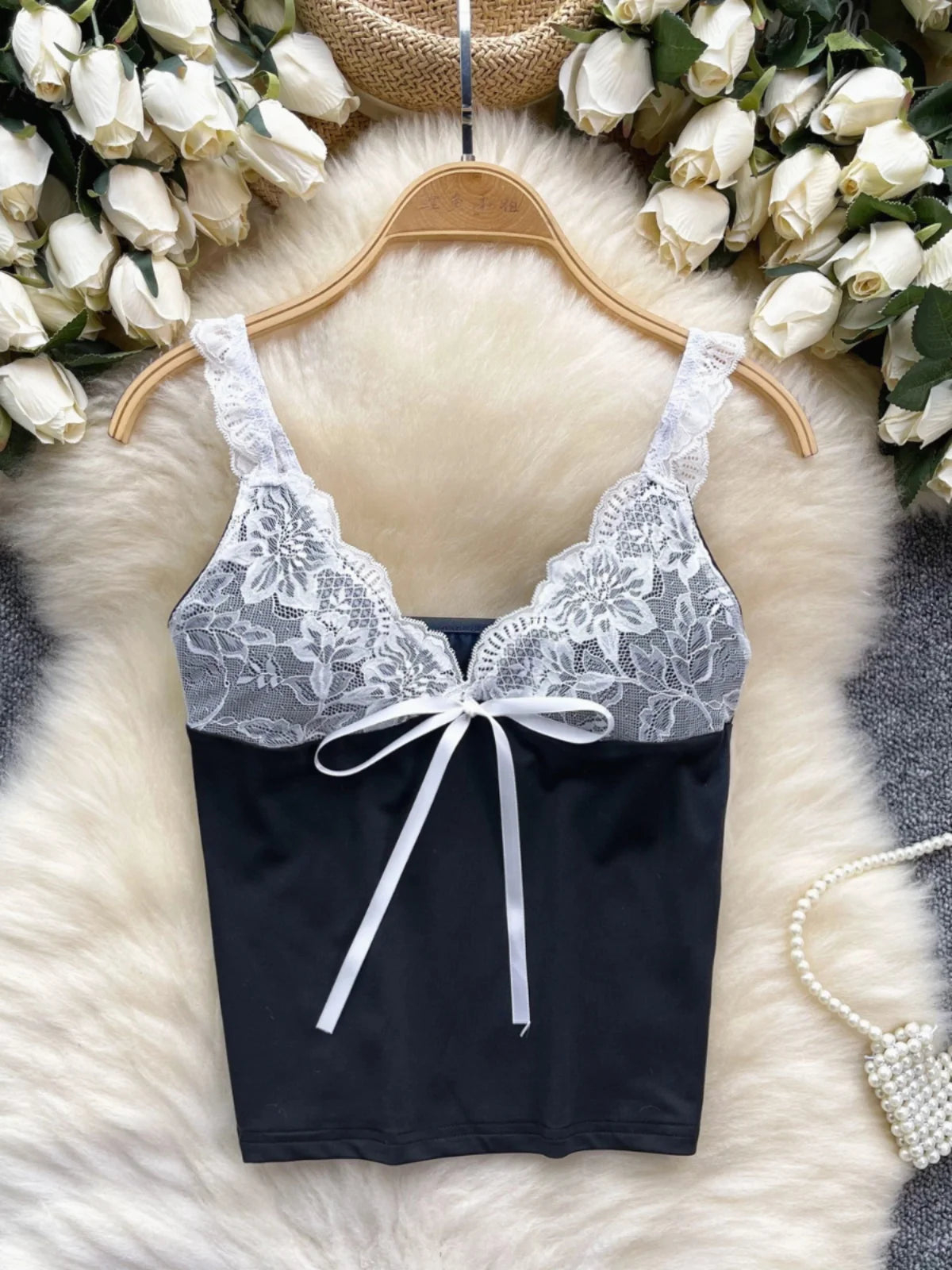 Elegant Black Lace Trim Camisole With Bow on Luulla