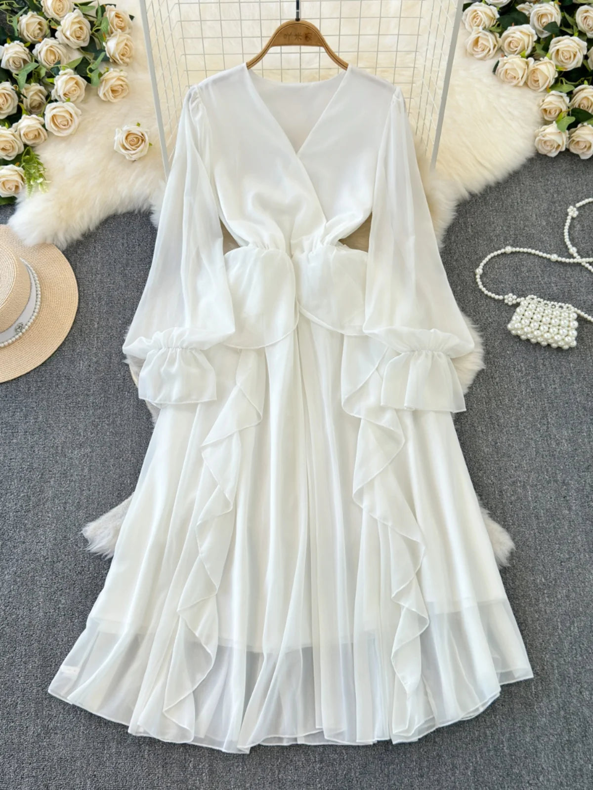 Elegant White Chiffon Dress With Ruffle Details on Luulla