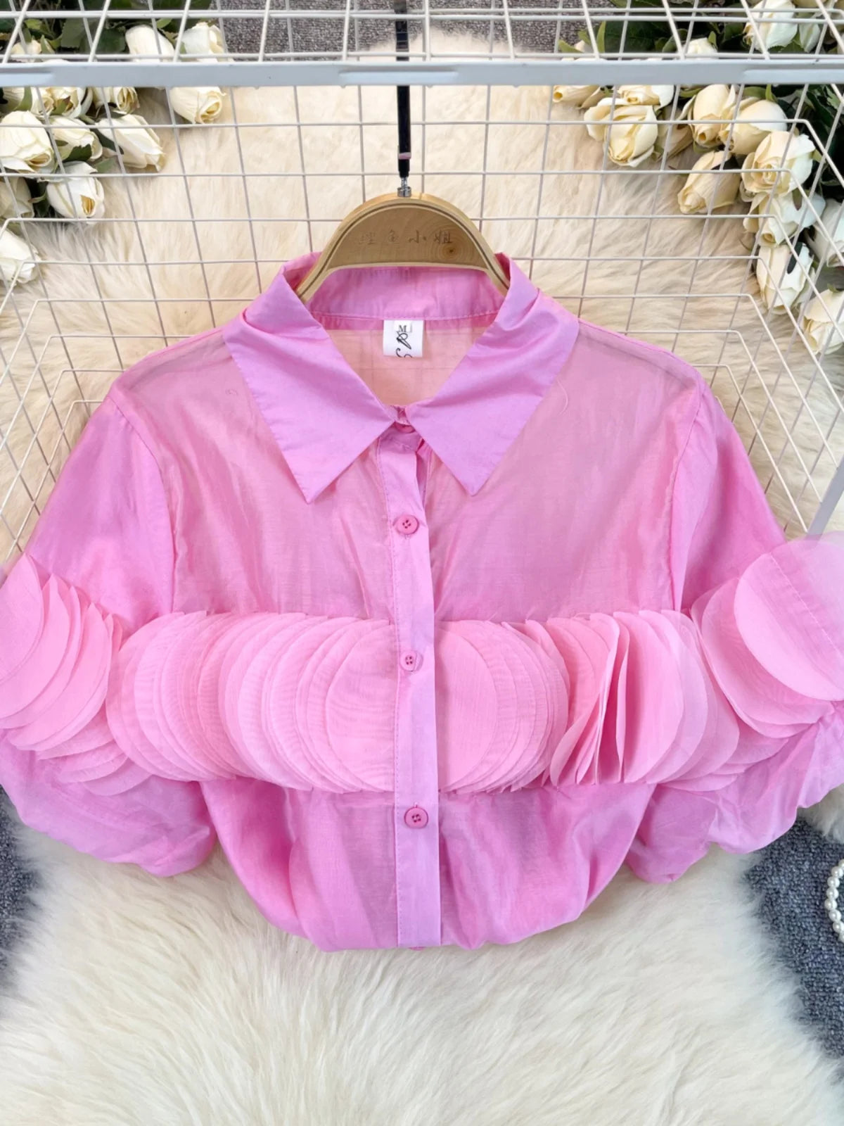 Pink Ruffle Sleeve Sheer Button-up Blouse on Luulla