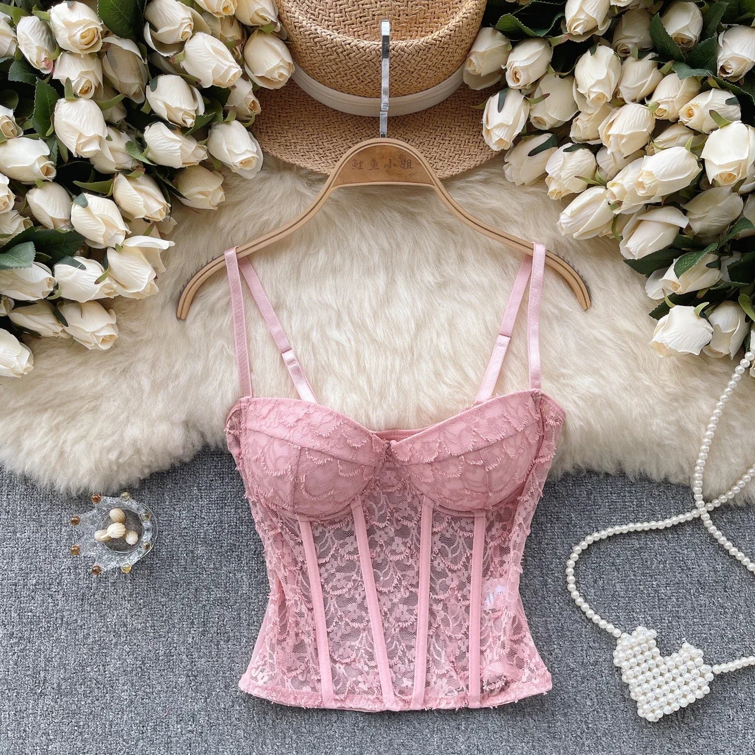 Pink Lace Bustier Top With Adjustable Straps on Luulla
