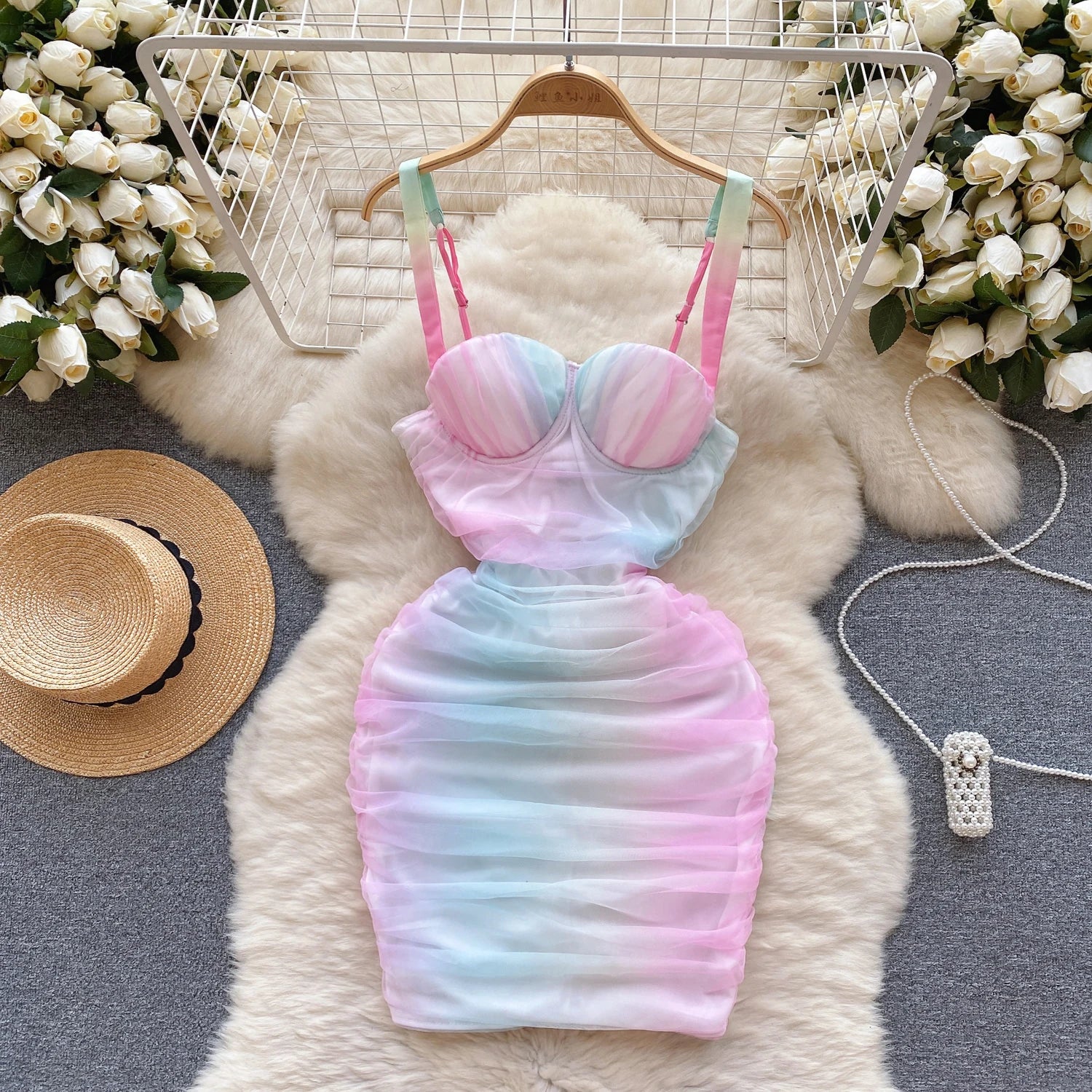 Elegant Pastel Bodycon Mini Dress With Straps on Luulla