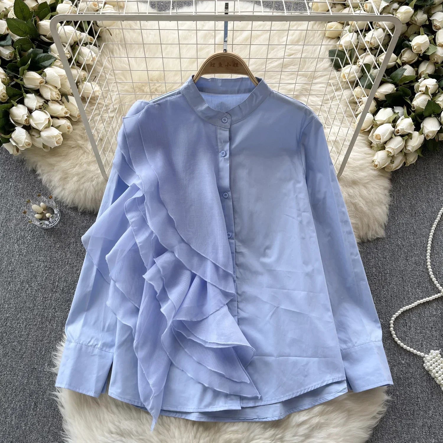 Elegant Light Blue Ruffled Button-up Blouse on Luulla