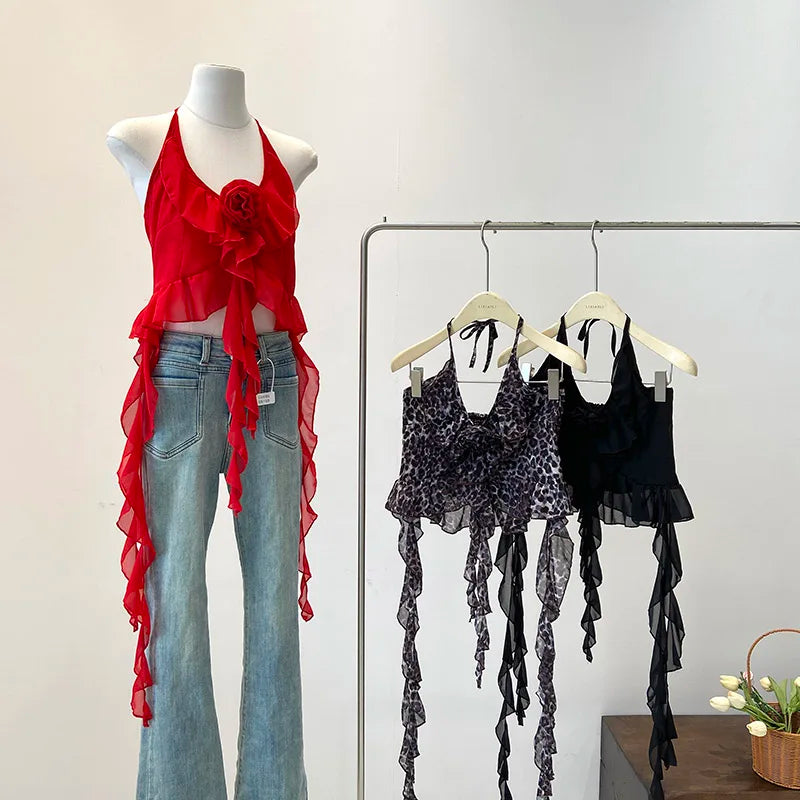 Ruffled Halter Crop Tops With Flowing Tails on Luulla