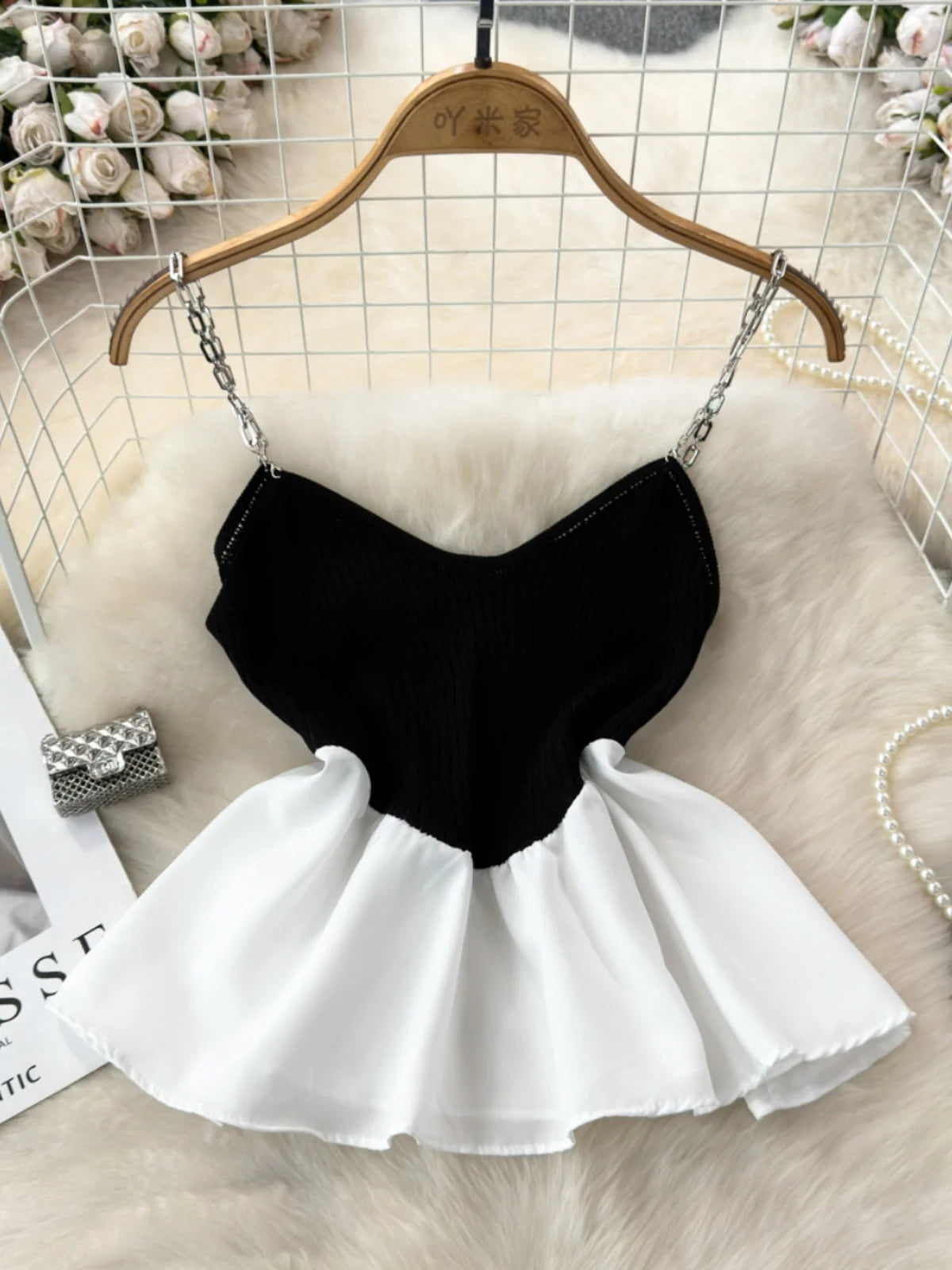 Black And White Two-tone Peplum Tank Top on Luulla