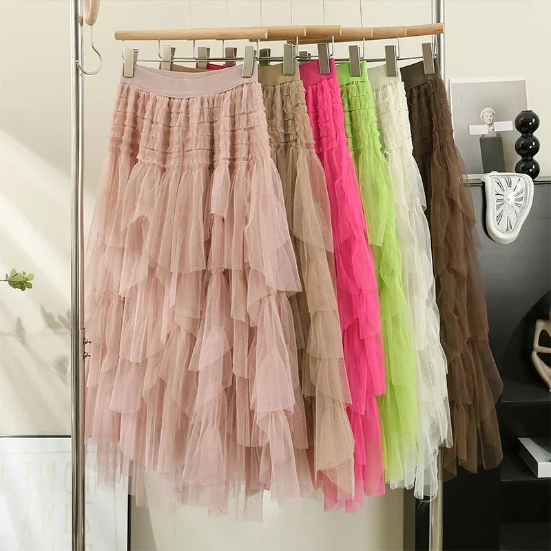 Womens Multi-layered Ruffled Tulle Midi Skirt on Luulla