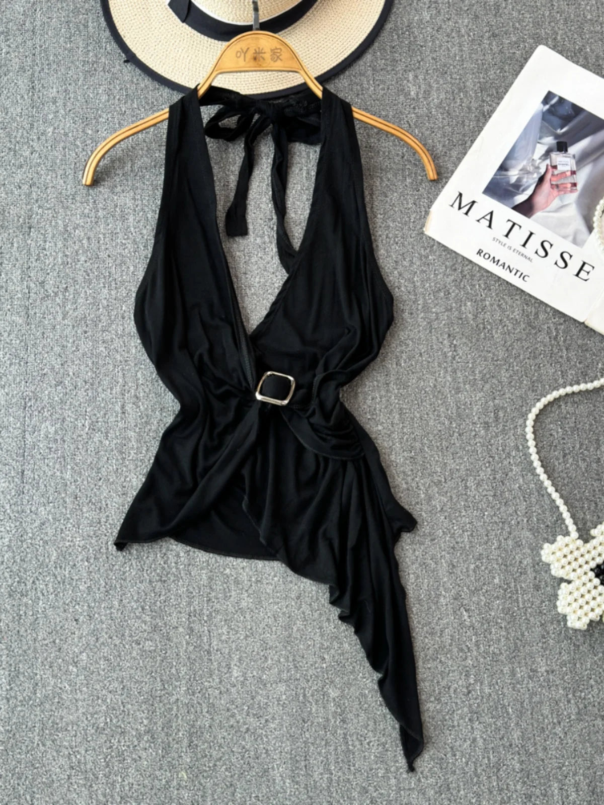Halter Asymmetrical Black Top With Buckle Design on Luulla