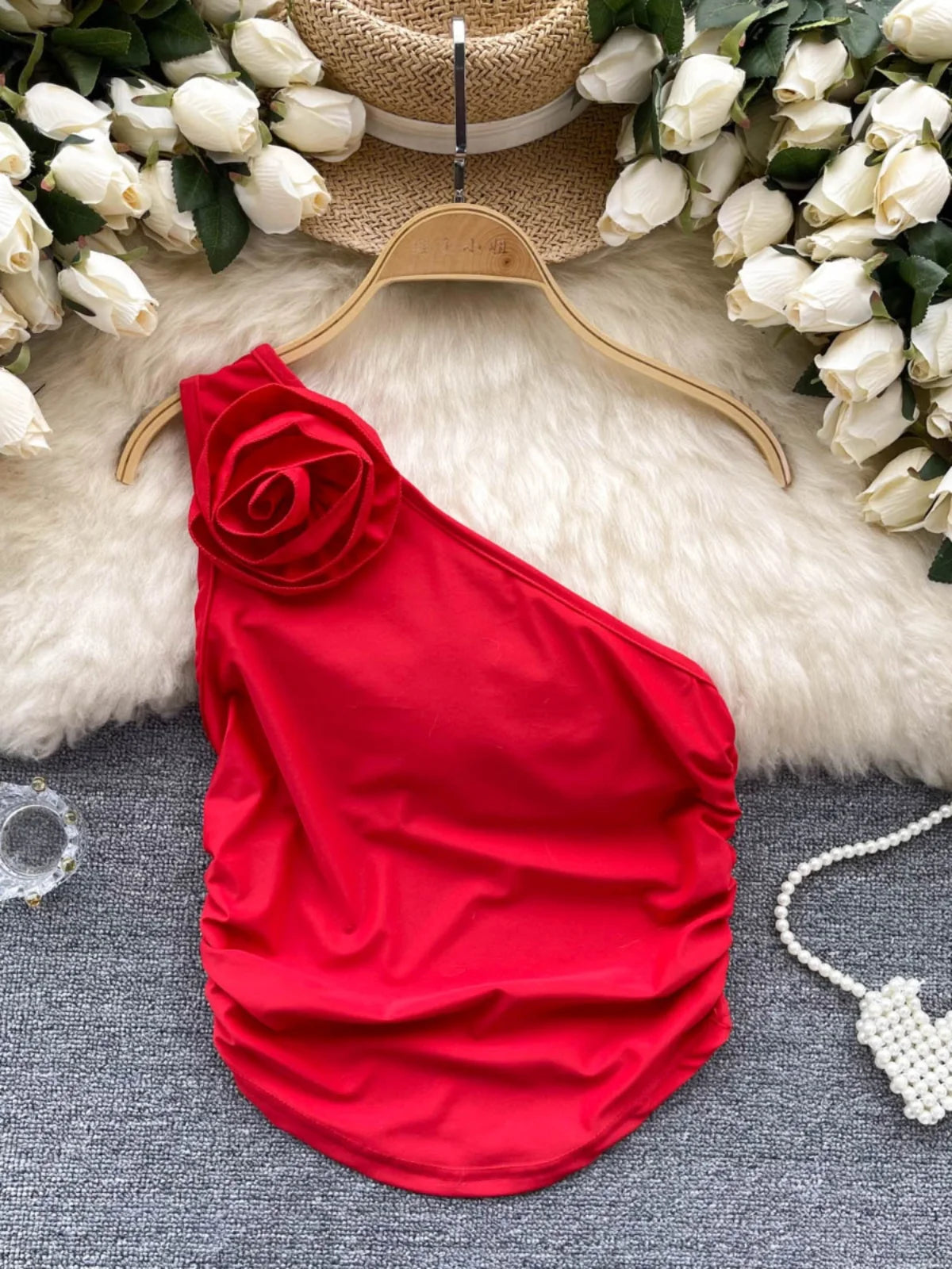 One-shoulder Red Top With Floral Detail on Luulla