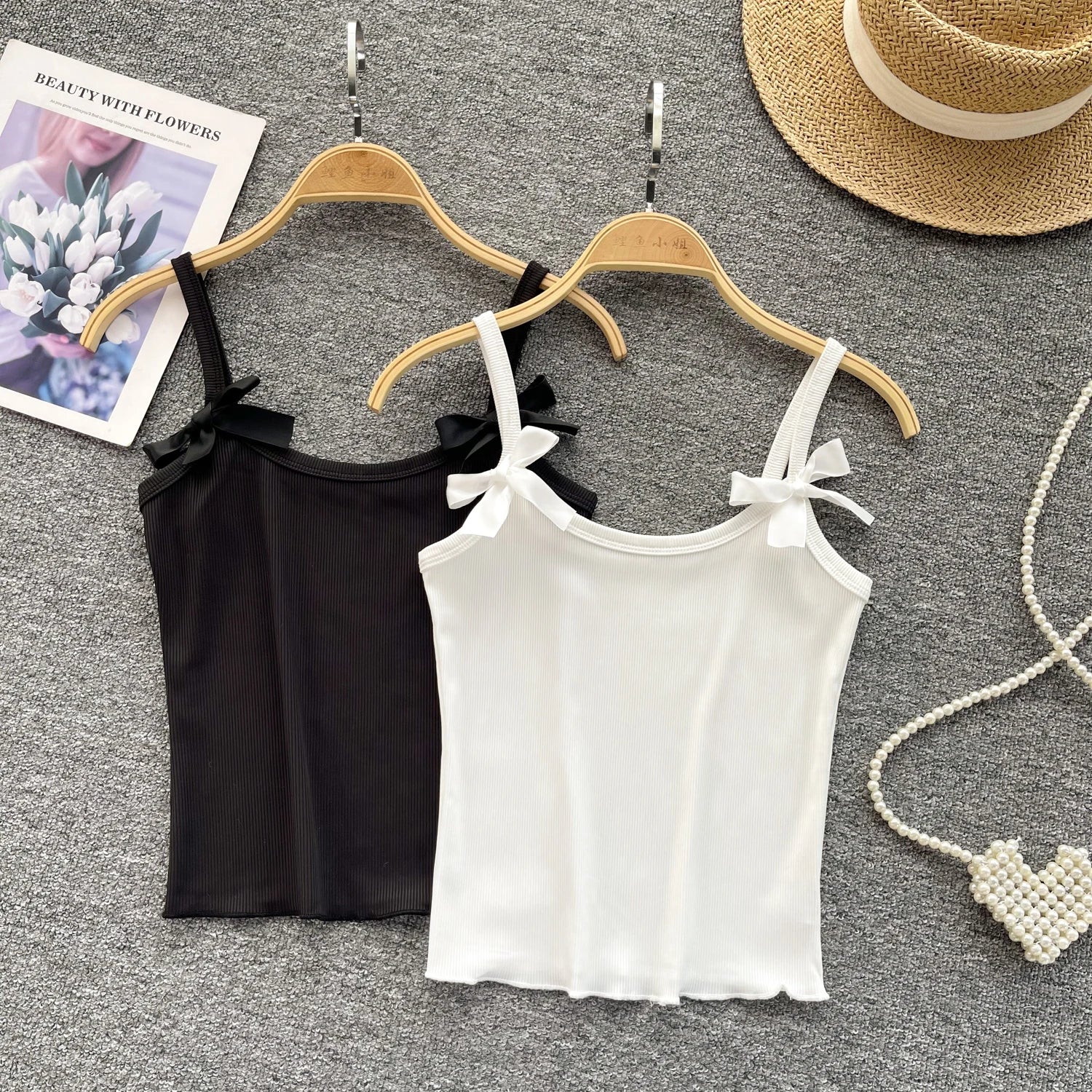 Womens Ribbed Tank Tops With Bow Straps on Luulla