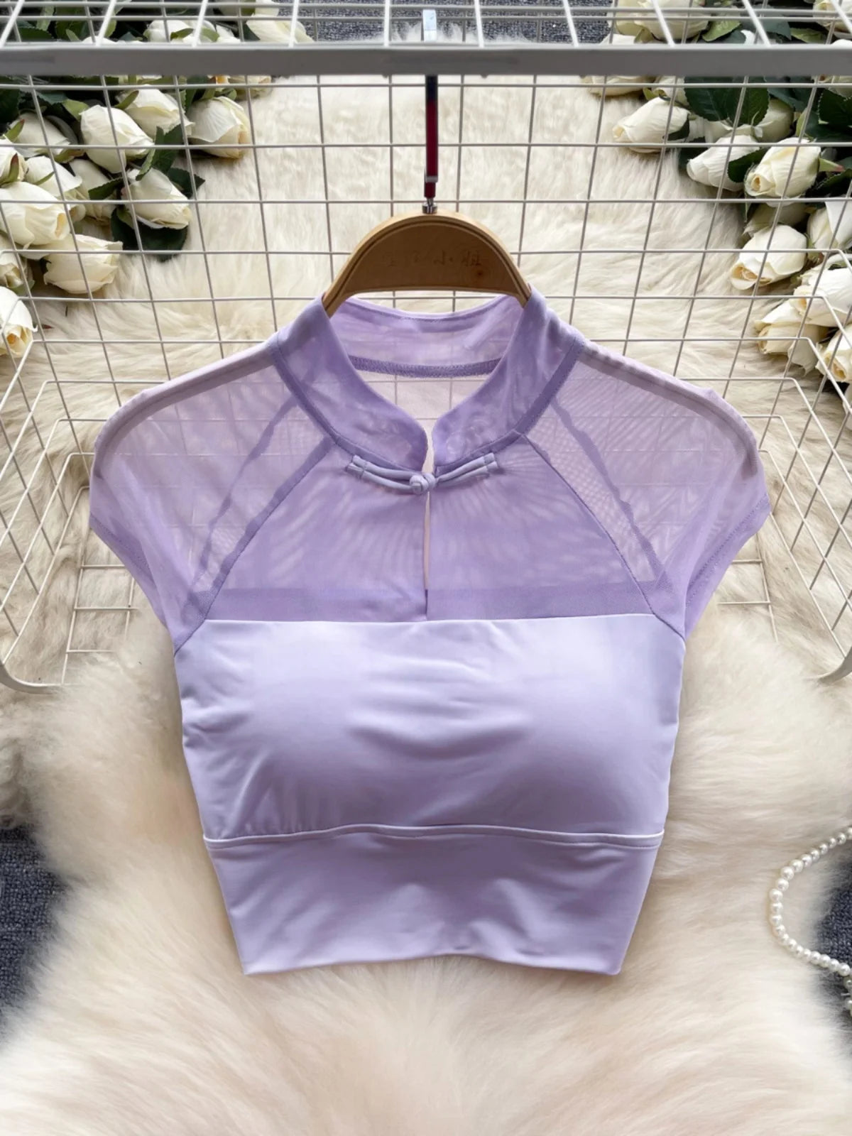 Sheer Mesh Mandarin Collar Crop Top Lavender on Luulla