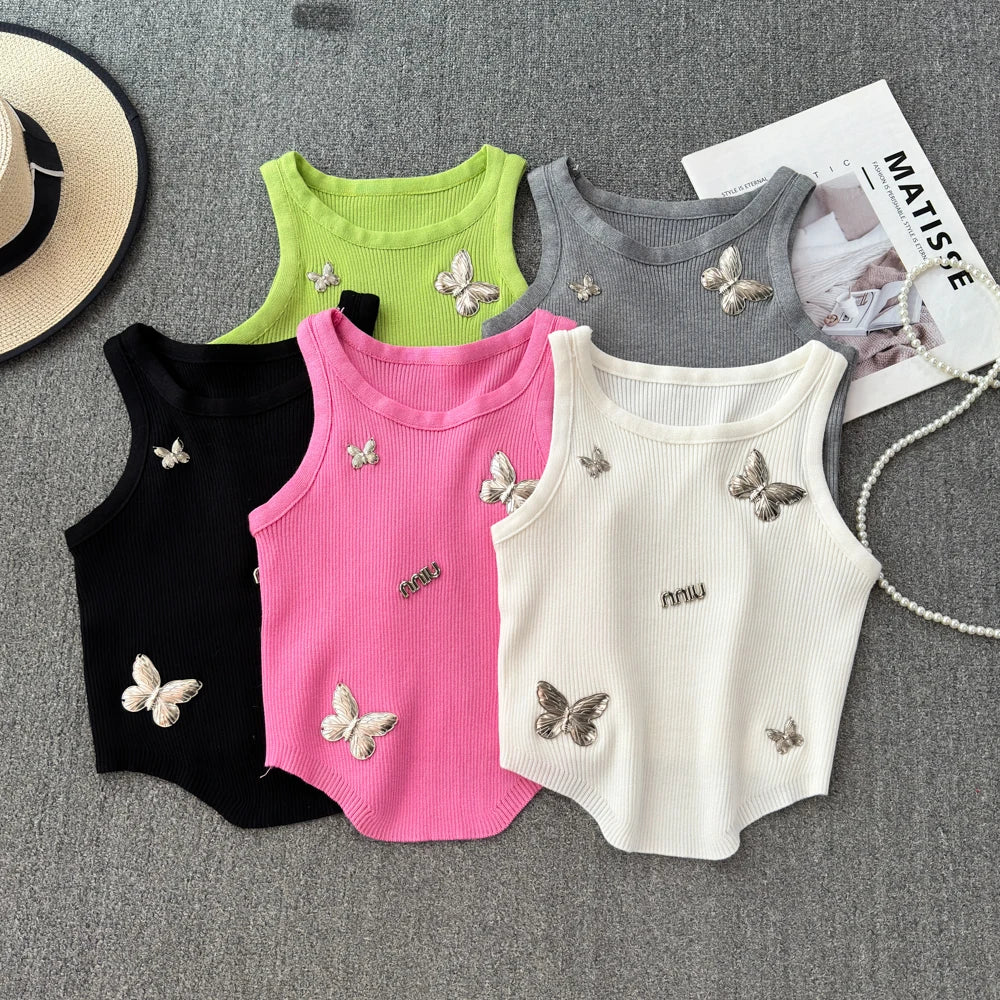 Butterfly Embroidered Kids Ribbed Tank Tops Collection on Luulla
