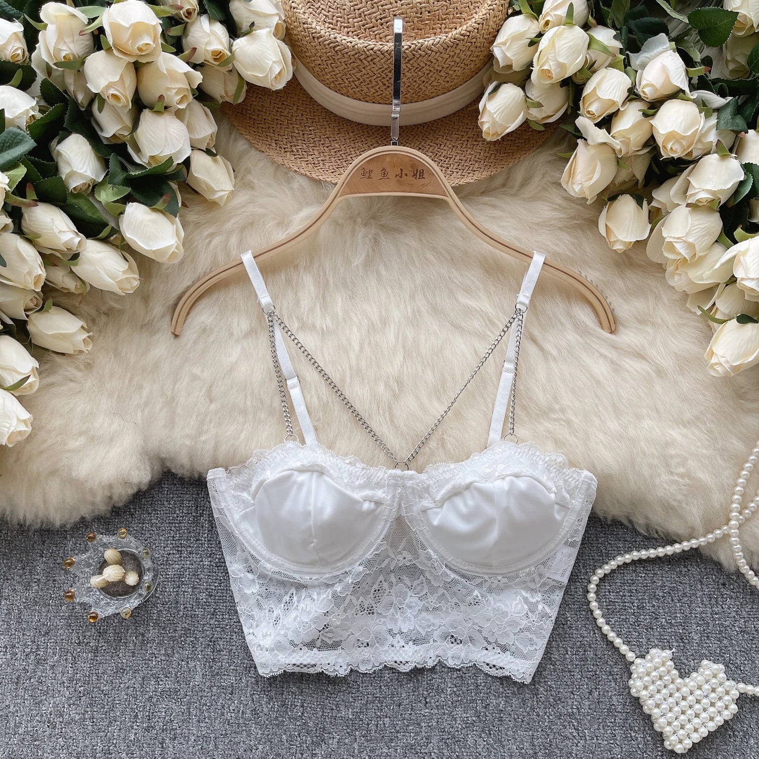 White Lace Bralette With Delicate Chain Straps on Luulla