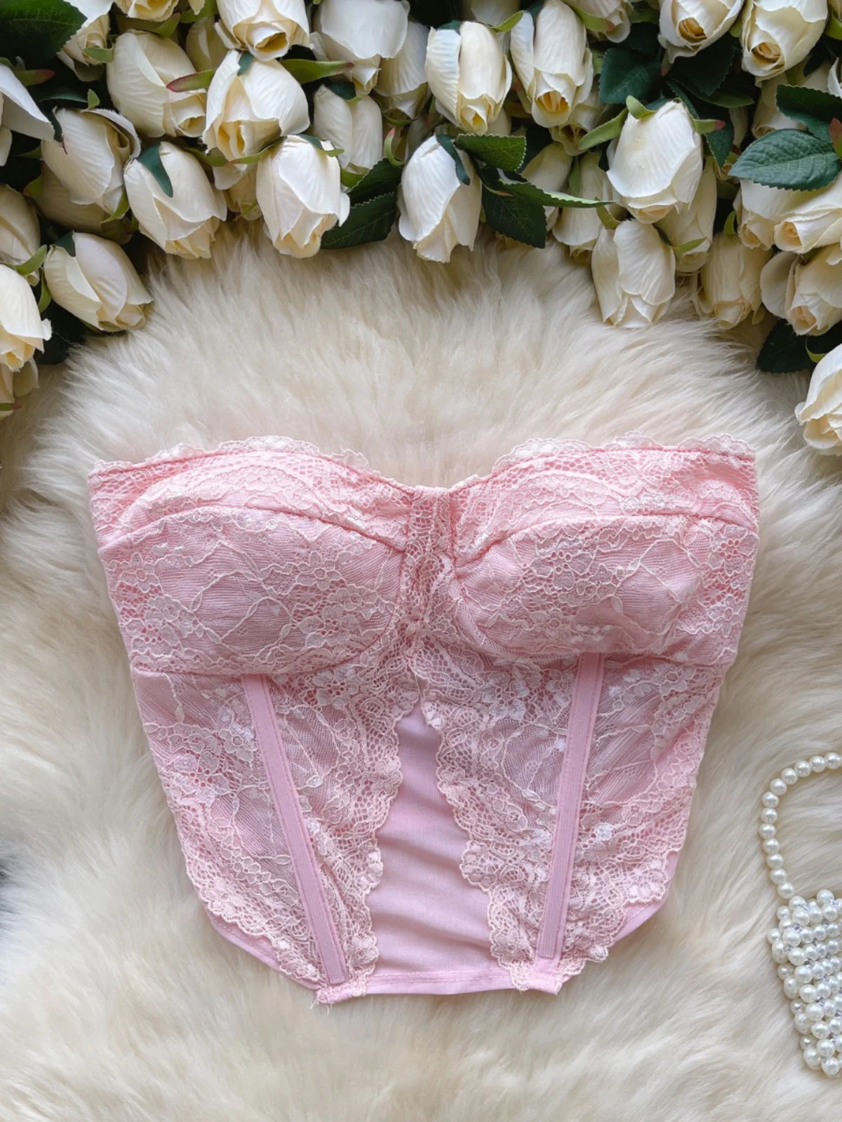 Elegant Pink Lace Strapless Corset Bridal Lingerie on Luulla